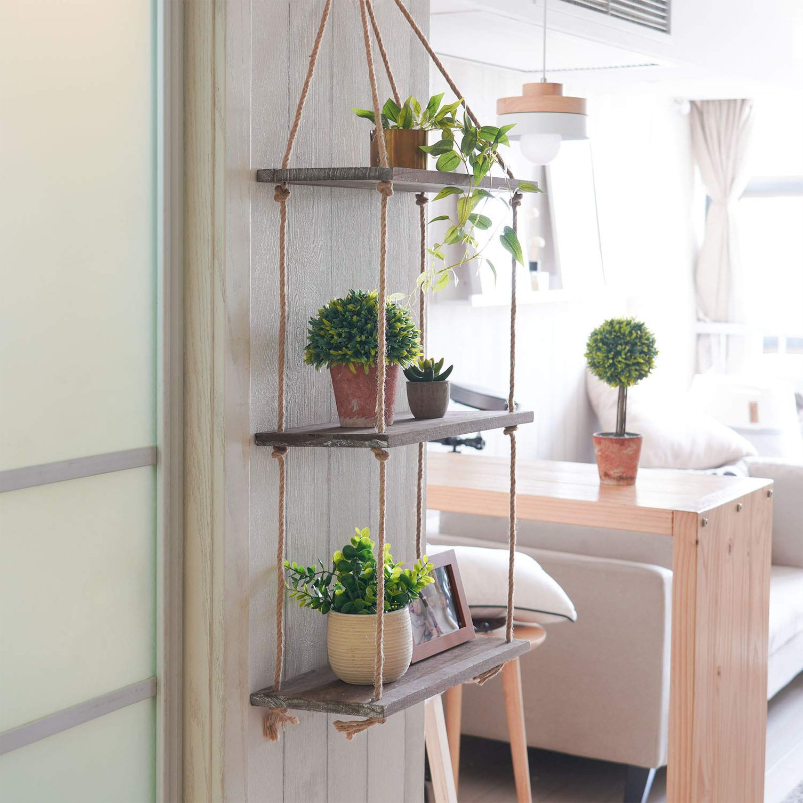 Loon Peak® 3 Tier Distressed Wood Jute Rope Floating Shelves | Wayfair