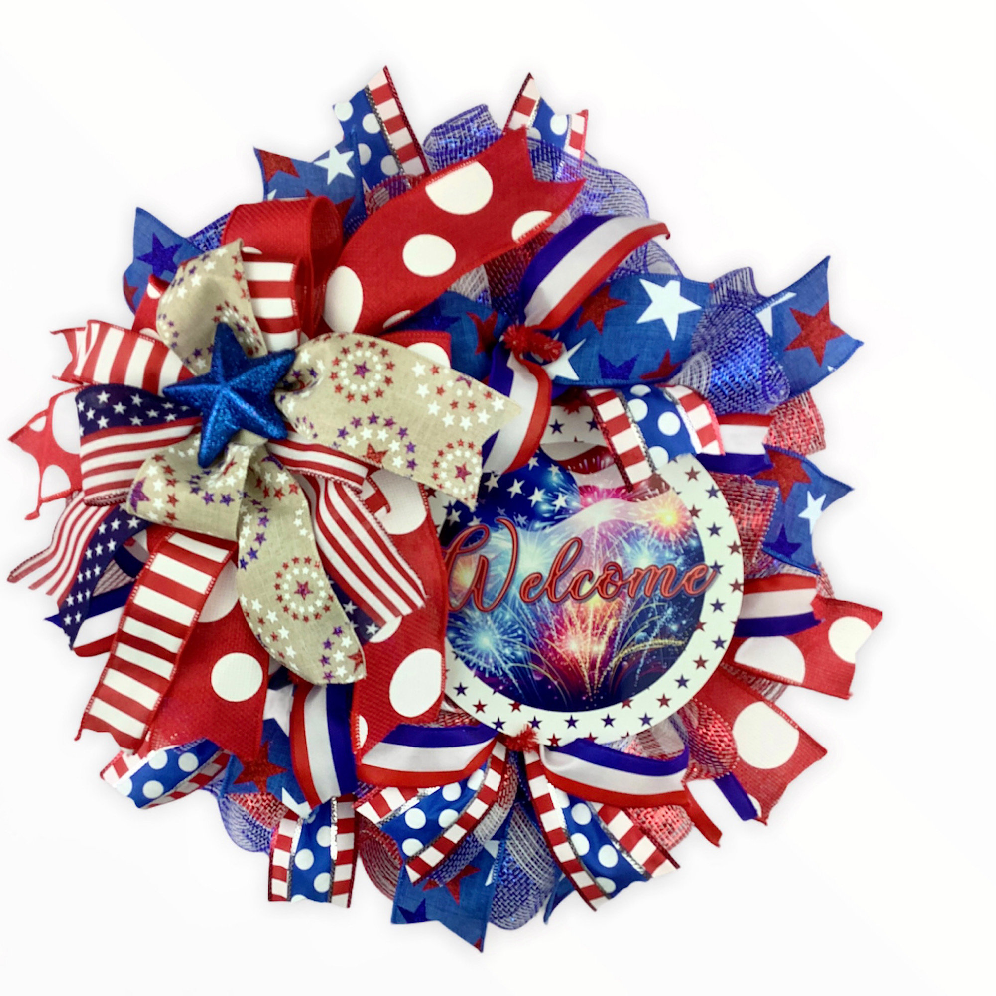 The Holiday Aisle® Fireworks Welcome 18" Deco Mesh Wreath | Wayfair