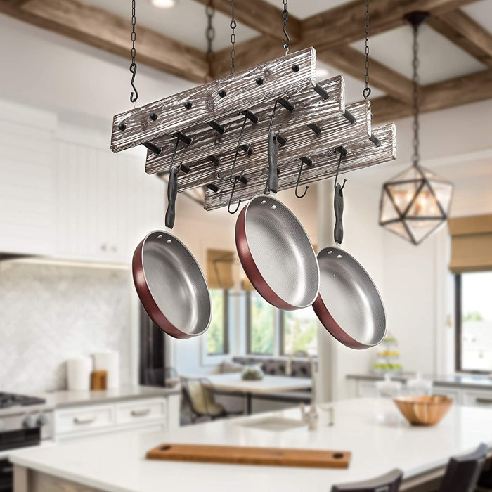 Gracie Oaks Ceiling Mounted Wooden Hanging Pot Rack | Wayfair