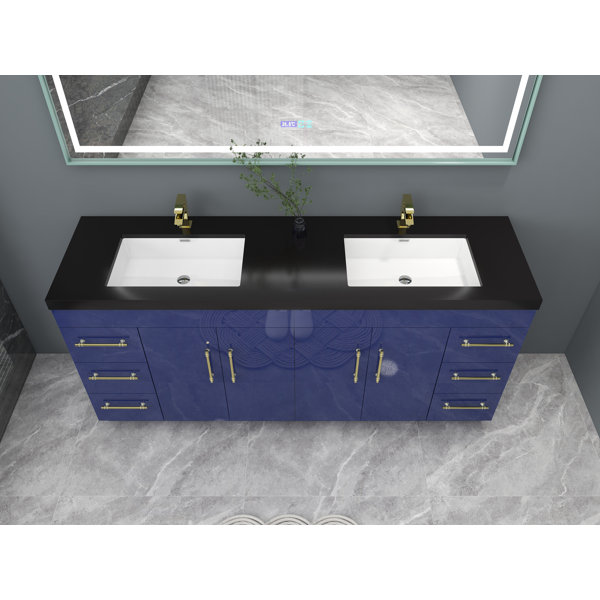 Mercer41 Rosa 72" Glossy Night Blue Free Standing Modern Vanity With ...