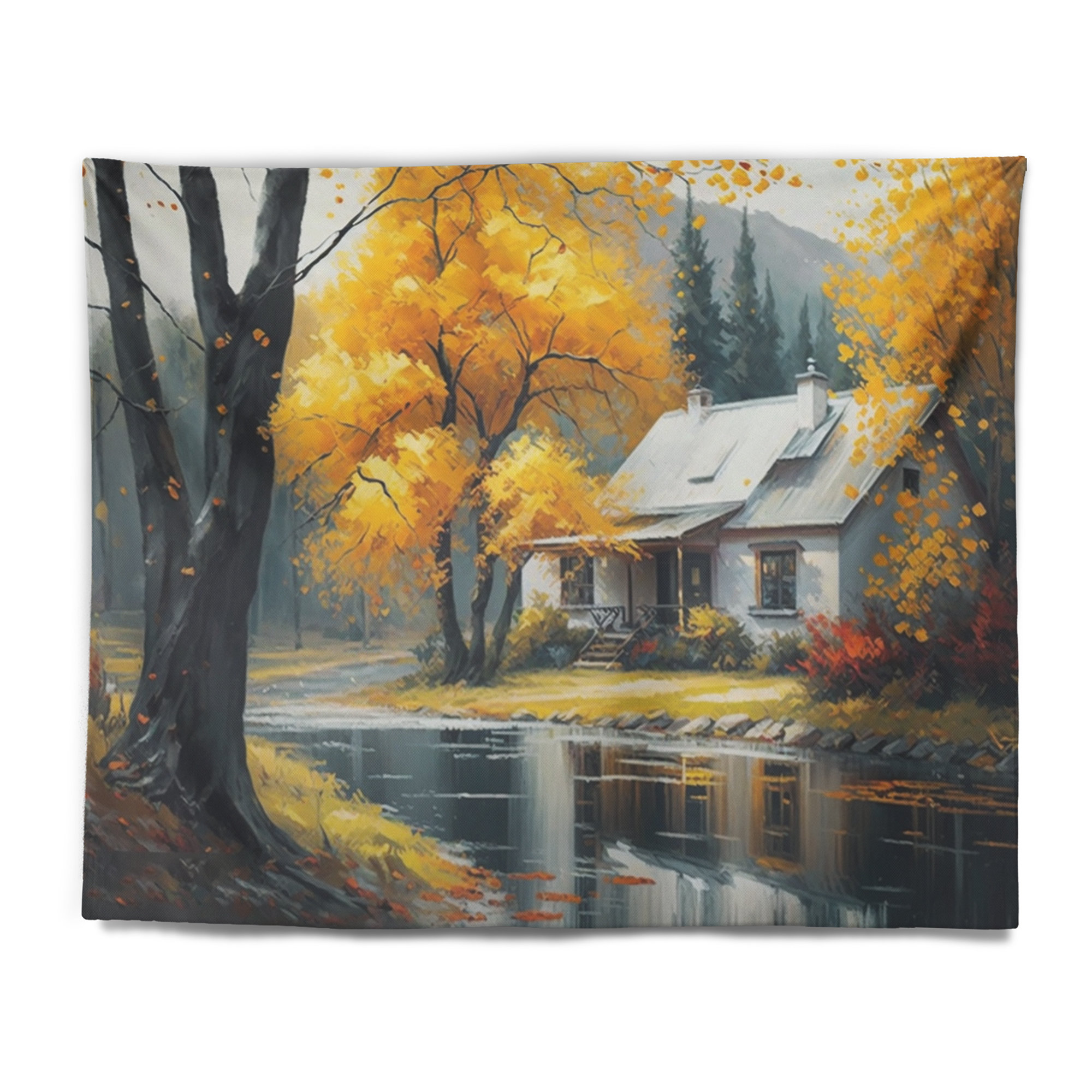 August Grove® Polyester Cabin in the Woods in Fall Tapestry | Wayfair