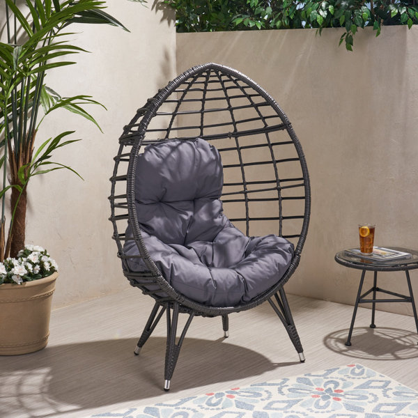 Dakota Fields Outdoor Wicker Teardrop Chair With Cushion, Gray And Dark ...