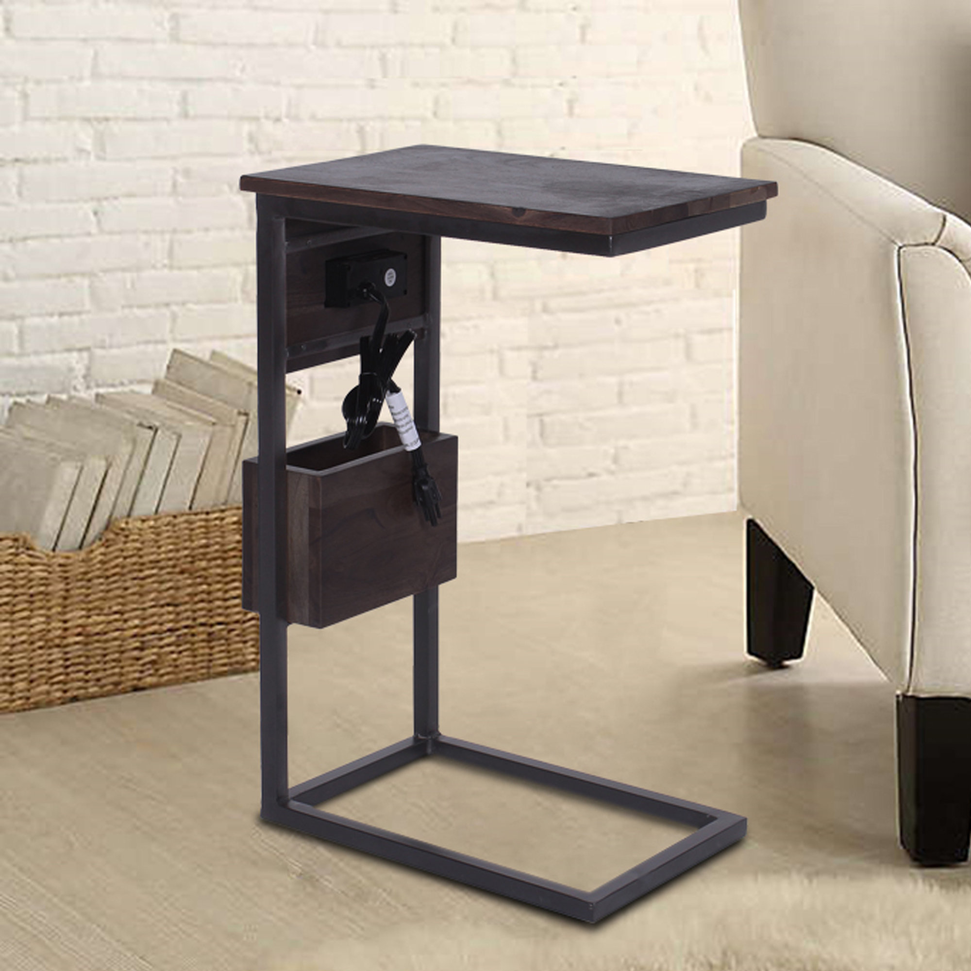 17 Stories Carmelino 25'' Tall Solid Wood C Table End Table Built-In ...