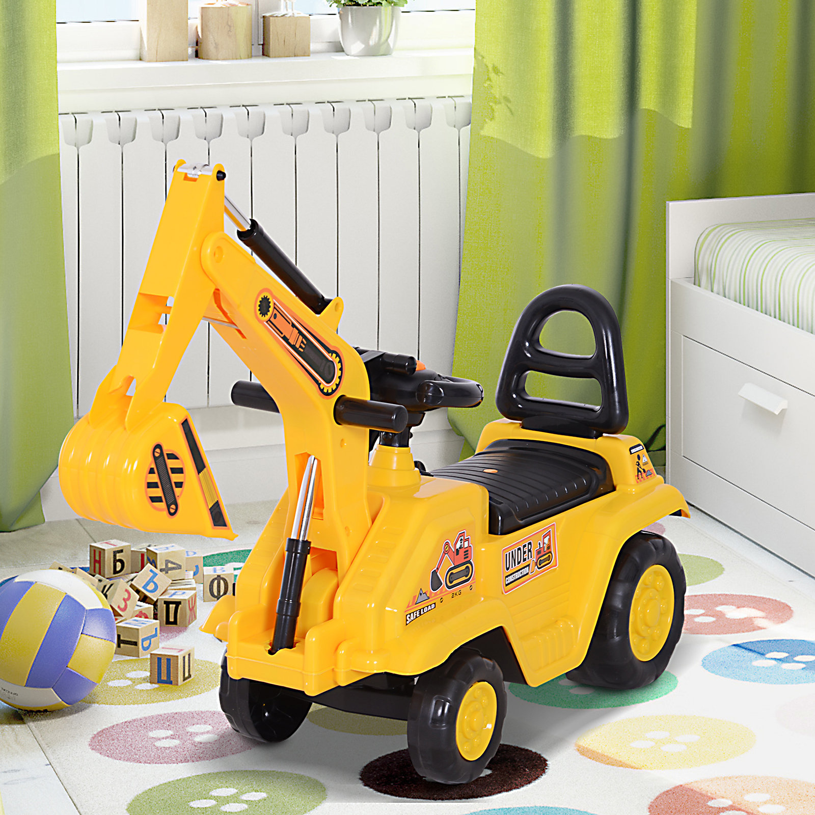 HomCom 3 In 1 Ride On Excavator Toy Pulling Cart Pretend Play ...