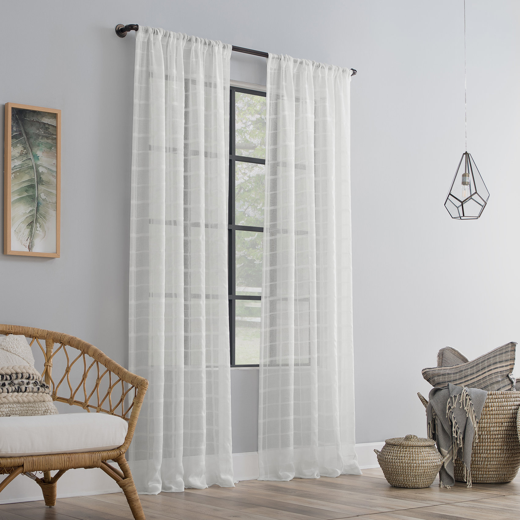 CleanWindow Clean Window Axis Windowpane Plaid Sheer Rod Pocket Curtain ...