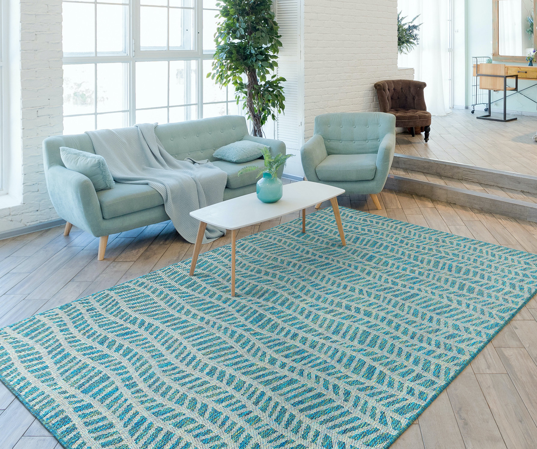 Wrought Studio Depue Chevron Aqua Teal/Ivory Indoor / Outdoor Area Rug ...