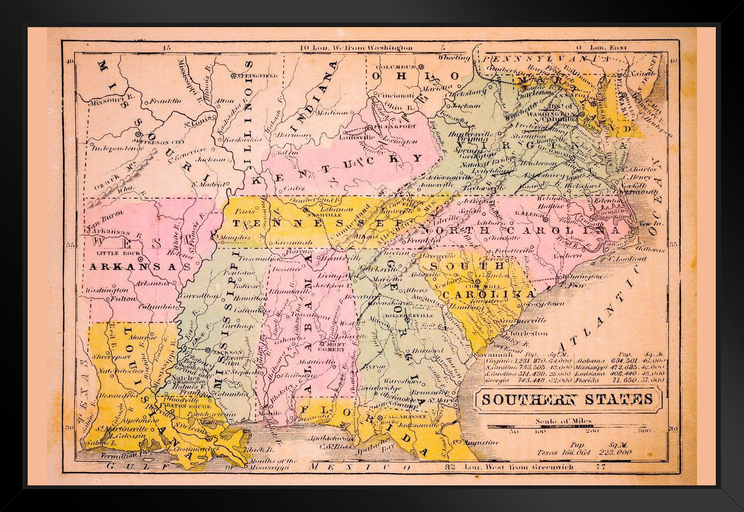 17 Stories Southern States Of United States 1852 Antique Style Map With ...