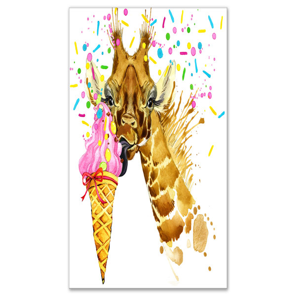 Trule Giraffe Eating Ice Cream Watercolor - Wrapped Canvas Print ...