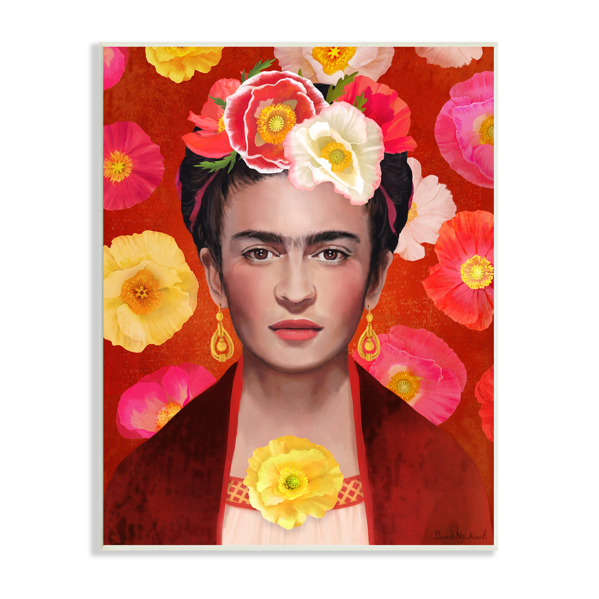 Stupell Industries Bold Frida Kahlo Portrait Floral Poppies Pattern ...