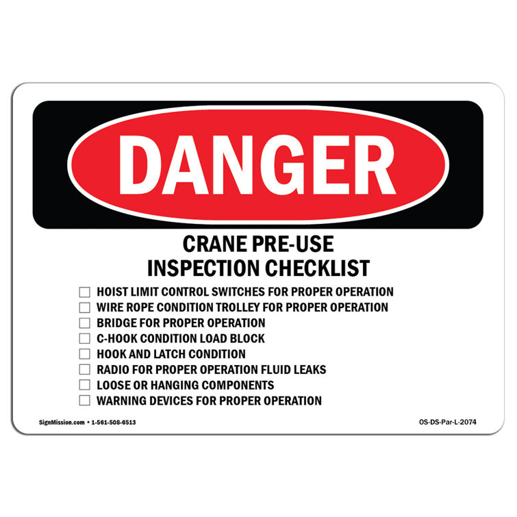 SignMission Crane Pre-Use Inspection Checklist Sign | Wayfair
