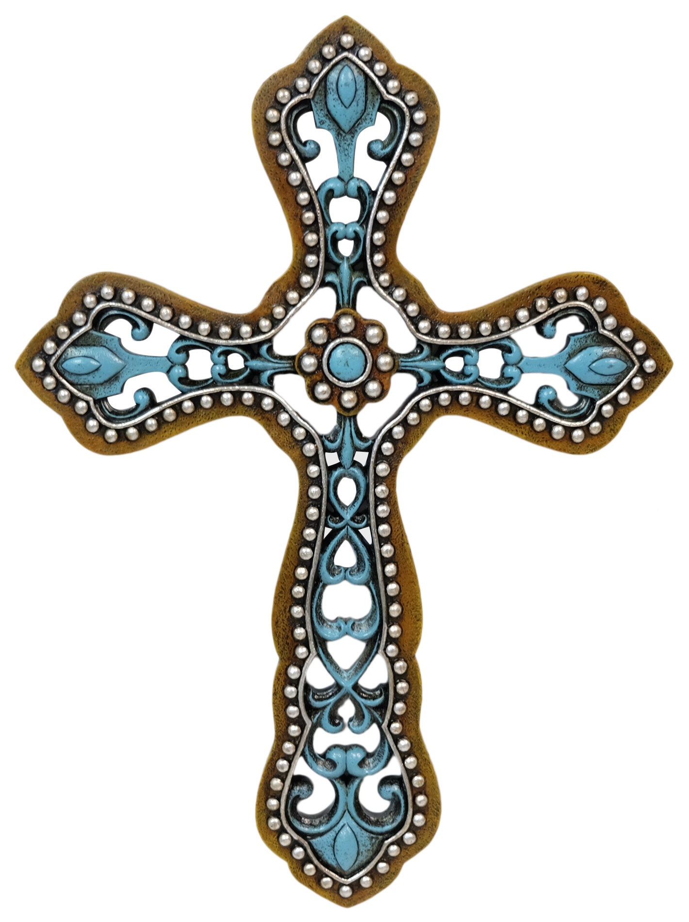 Fleur De Lis Living Polyresin Ornate Turquoise Chain Link Cross with ...