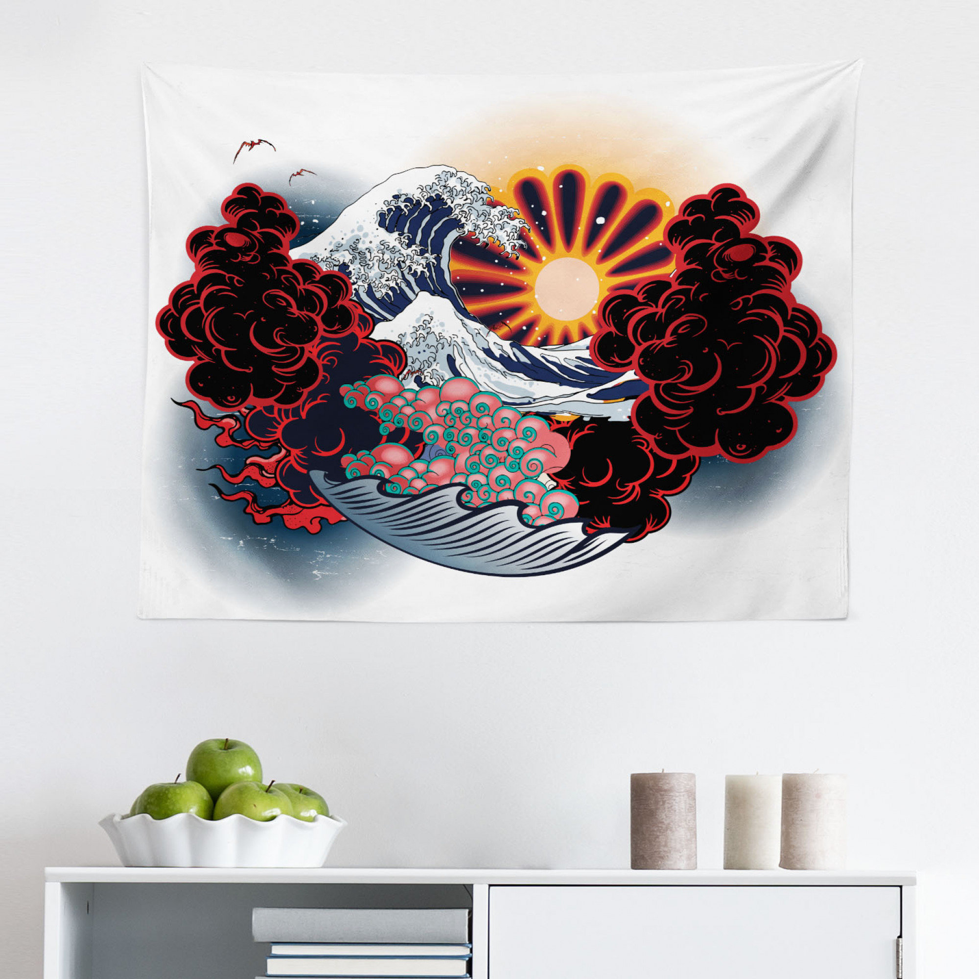 East Urban Home Tattoo Tapestry, Japanese Landscape Of Rising Sun Waves ...
