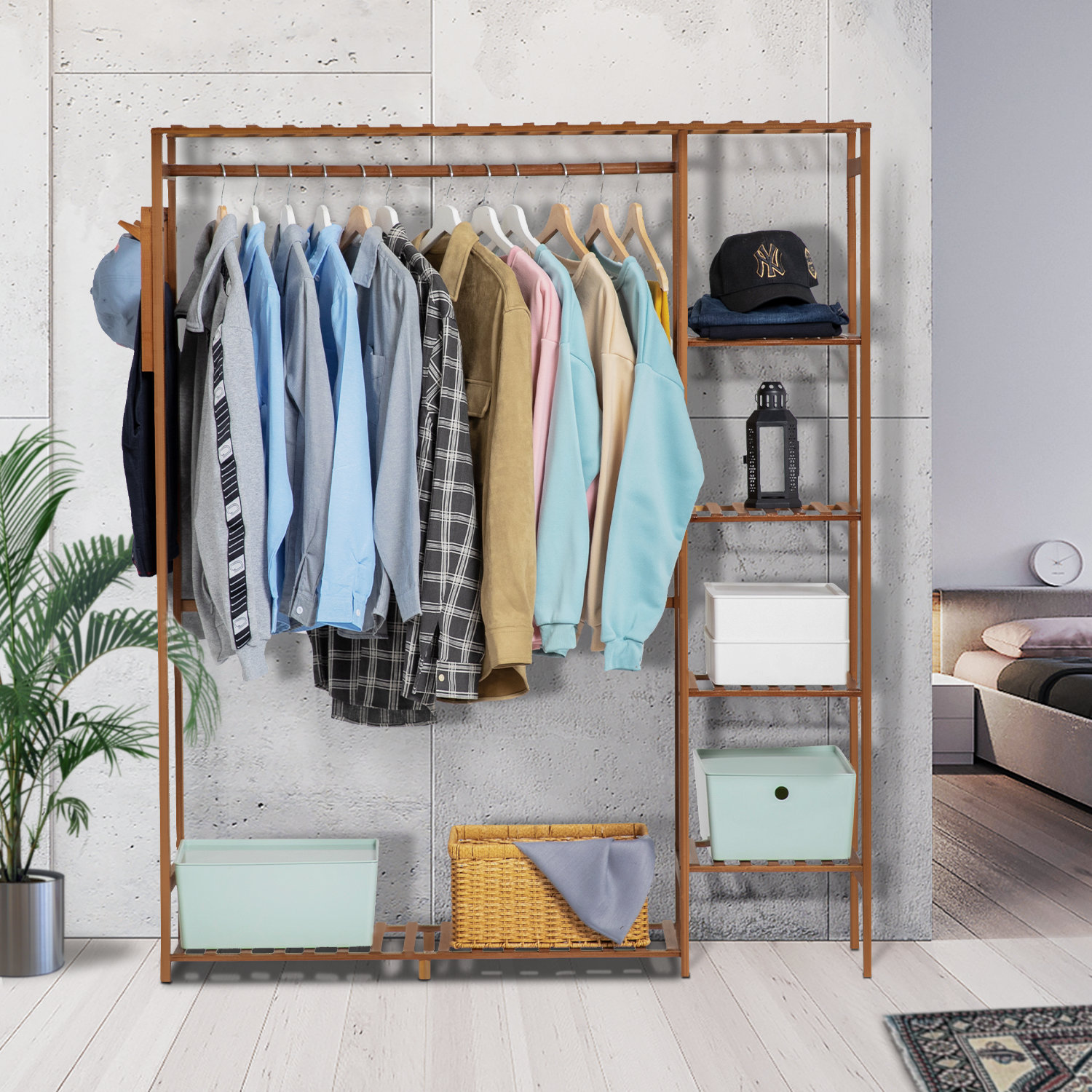 Latitude Run® Anji 6 Tiers Modern Coat Rack with a Hanging Rob, Bamboo ...