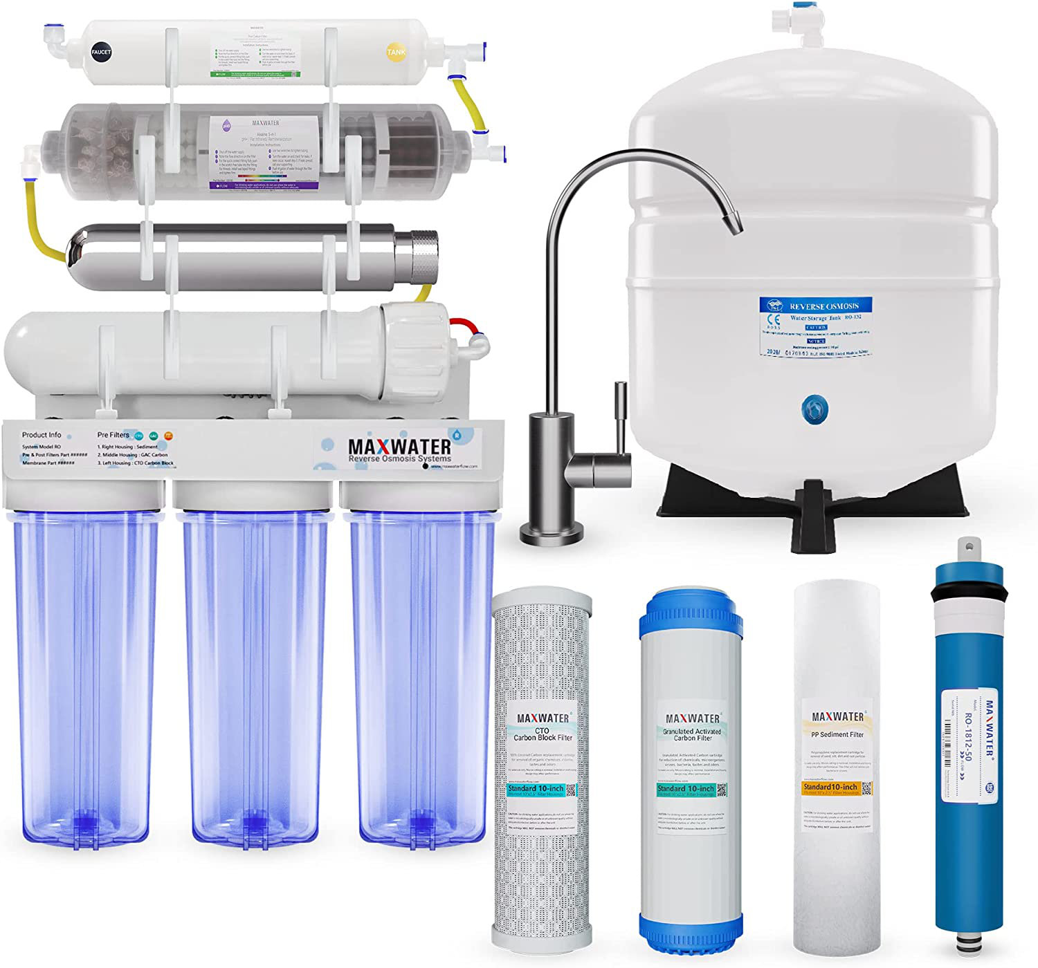Max Water 50 GPD 11-Stage RO Filtration System-Tank & Faucet - pH+ ...