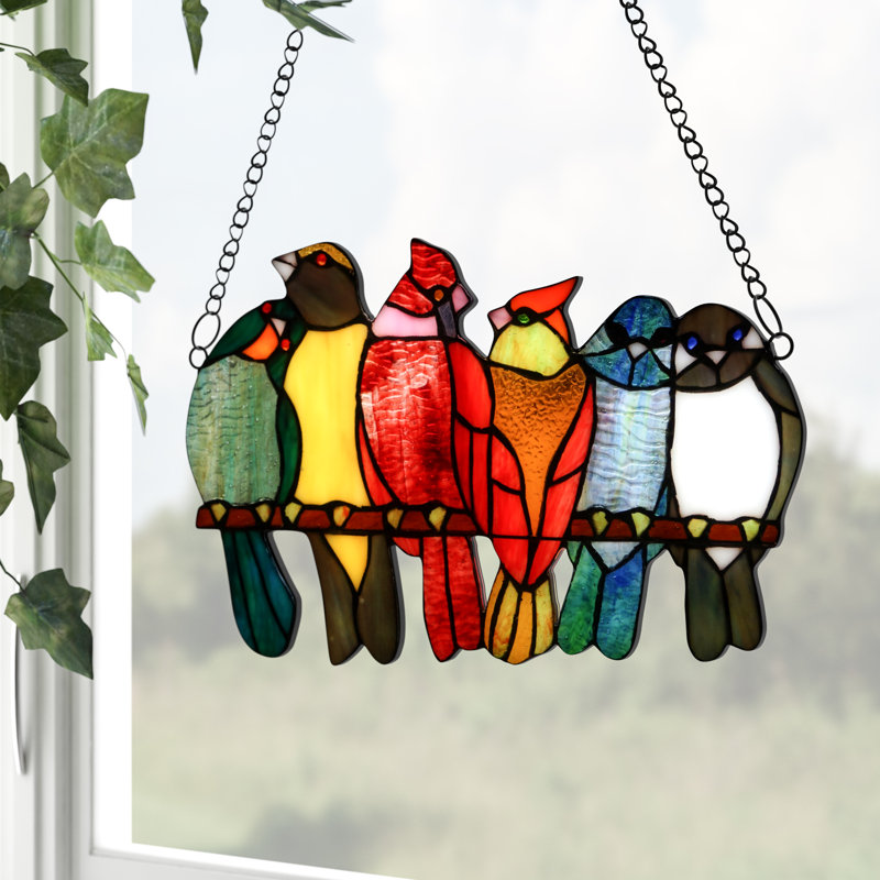 Charlton Home Birds in Love Stained Glass Window Panel & Reviews | Wayfair