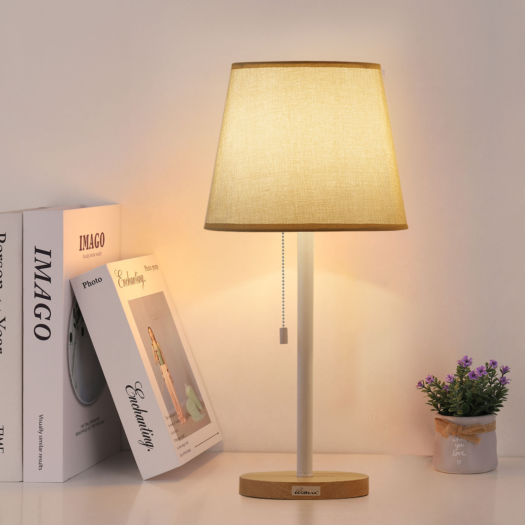 Latitude Run® Set Of 2 Wooden Bedside Lamps With Nature Beige Shade For ...