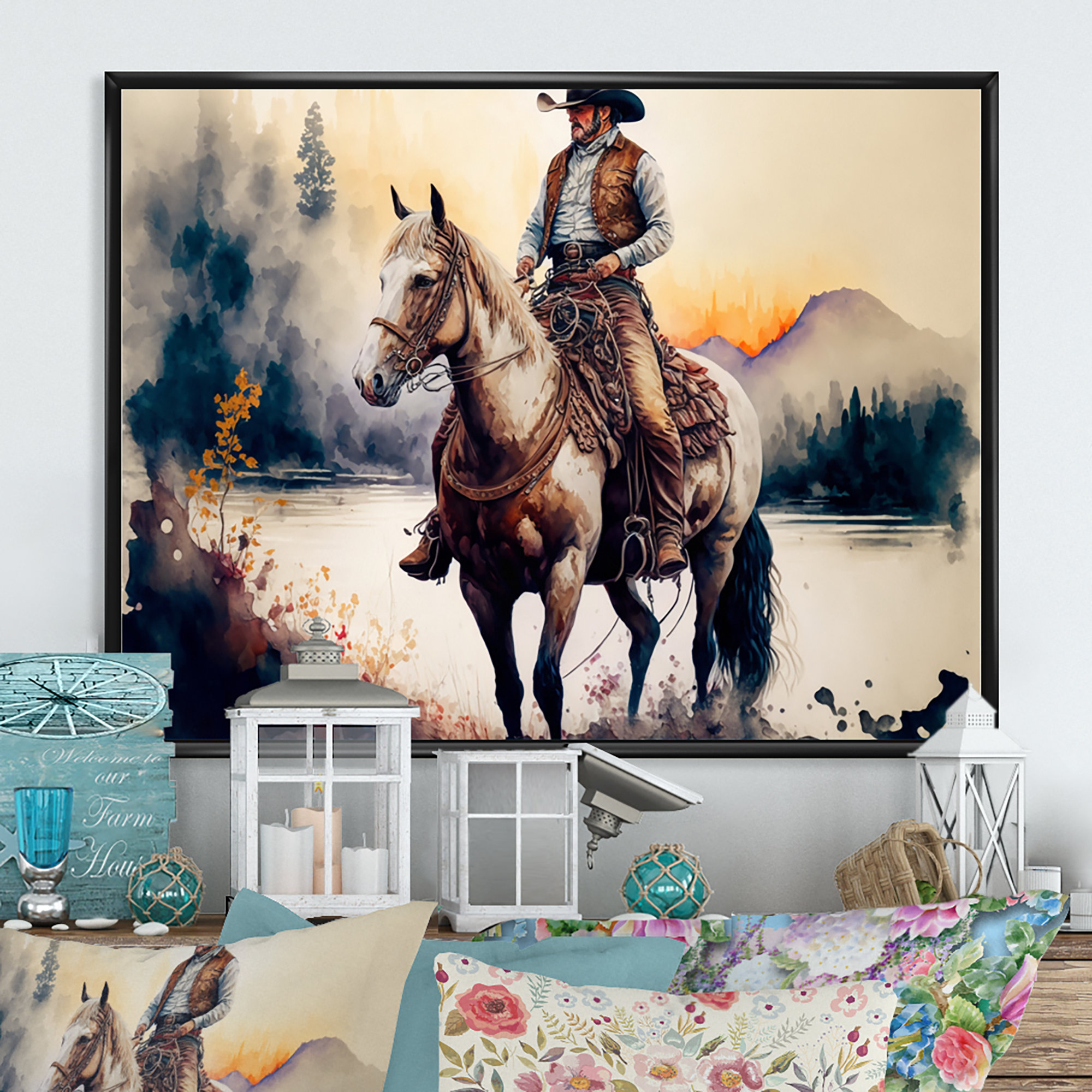 Union Rustic Western Cowboy Riding A Horse II - Painting on Canvas ...