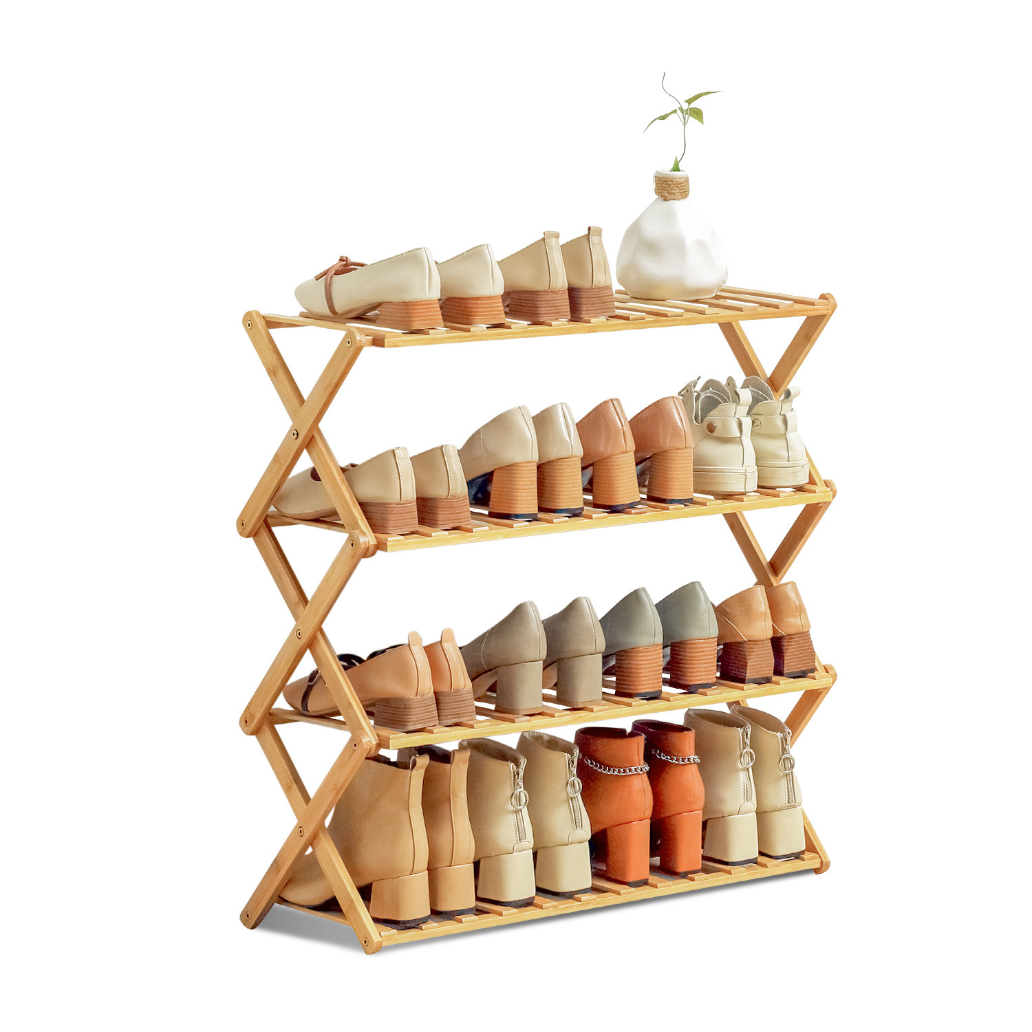 MoNiBloom 4 Tiers 16 Pairs Bamboo Folding Shoe Rack, Storage Organizer ...