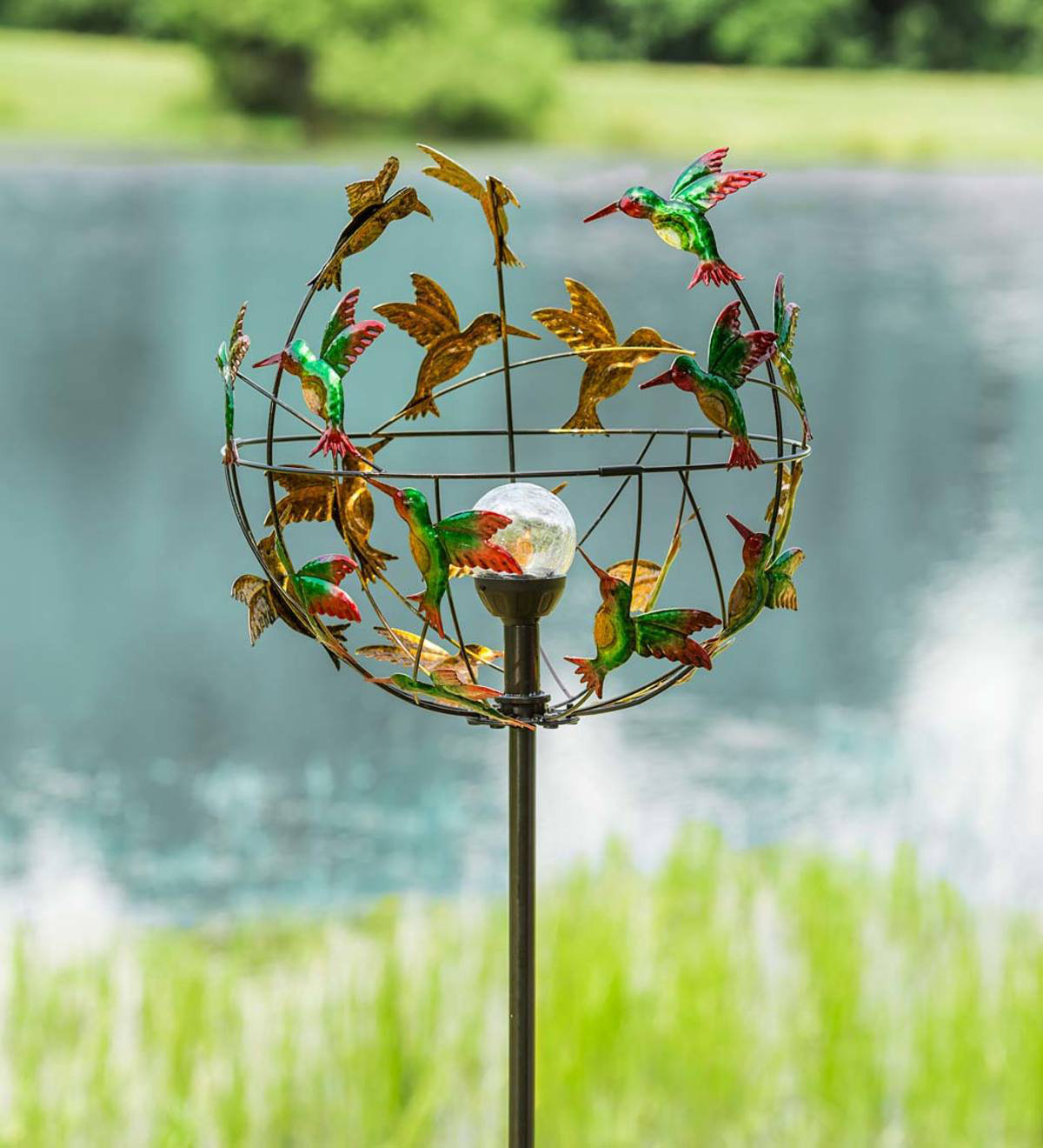 Wind & Weather Metal Hummingbird Wind Spinner with Color-Changing Orb ...