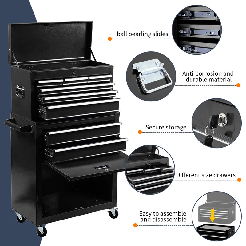 Odaof 8-Drawer Tool Box with Wheels, Rolling Tool Chest with Drawers ...