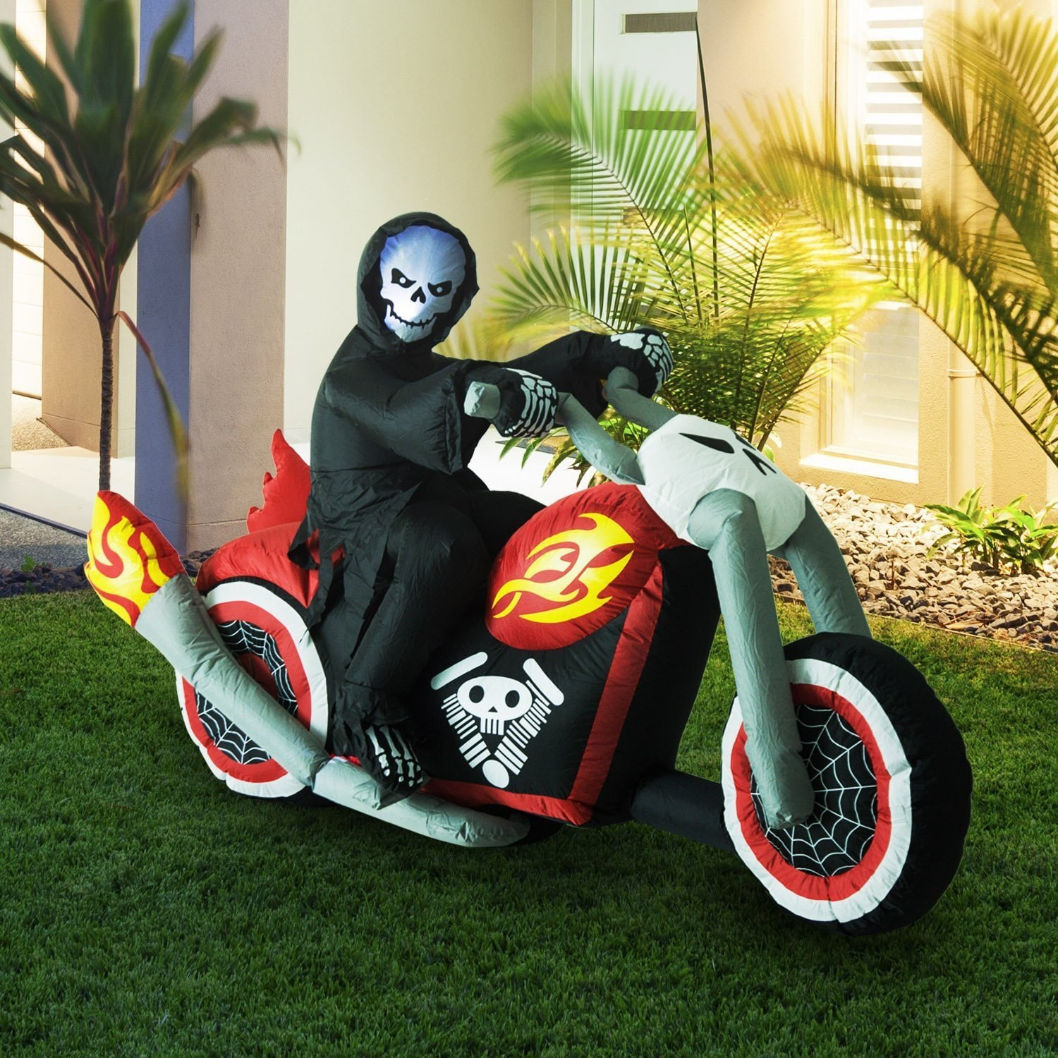 The Holiday Aisle® Lighted Airblown Grim Reaper Flaming Motorcycle ...