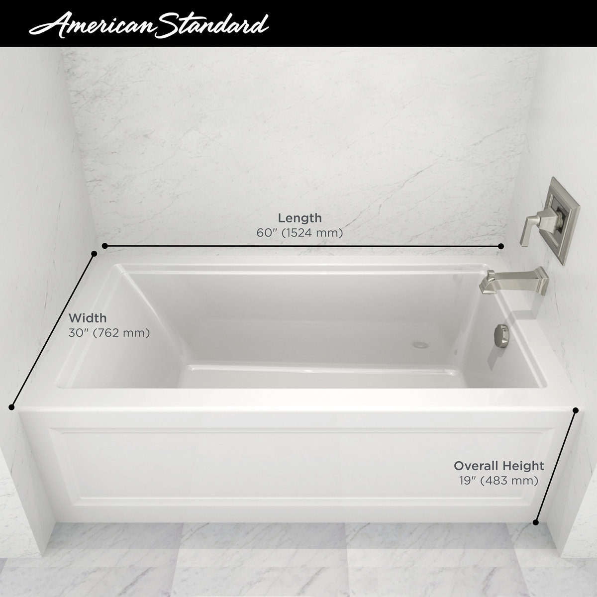 American Standard Town Square S 60" x 30" Alcove Soaking Fiberglass ...
