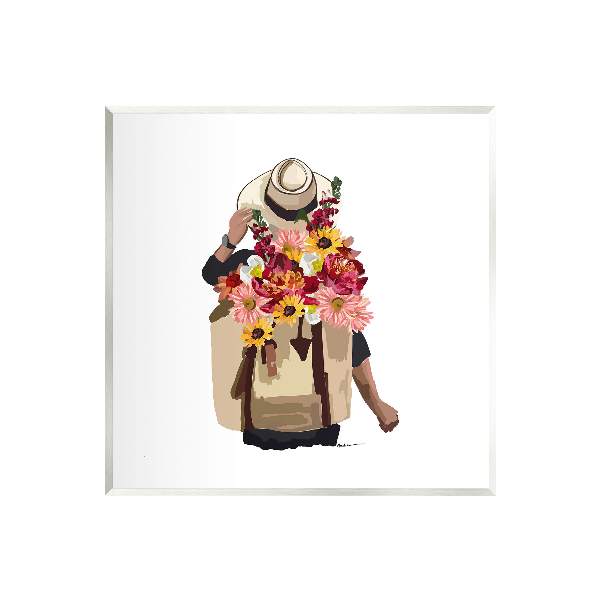 Stupell Industries Woman Carrying Backpack Mixed Flower Bouquet ...