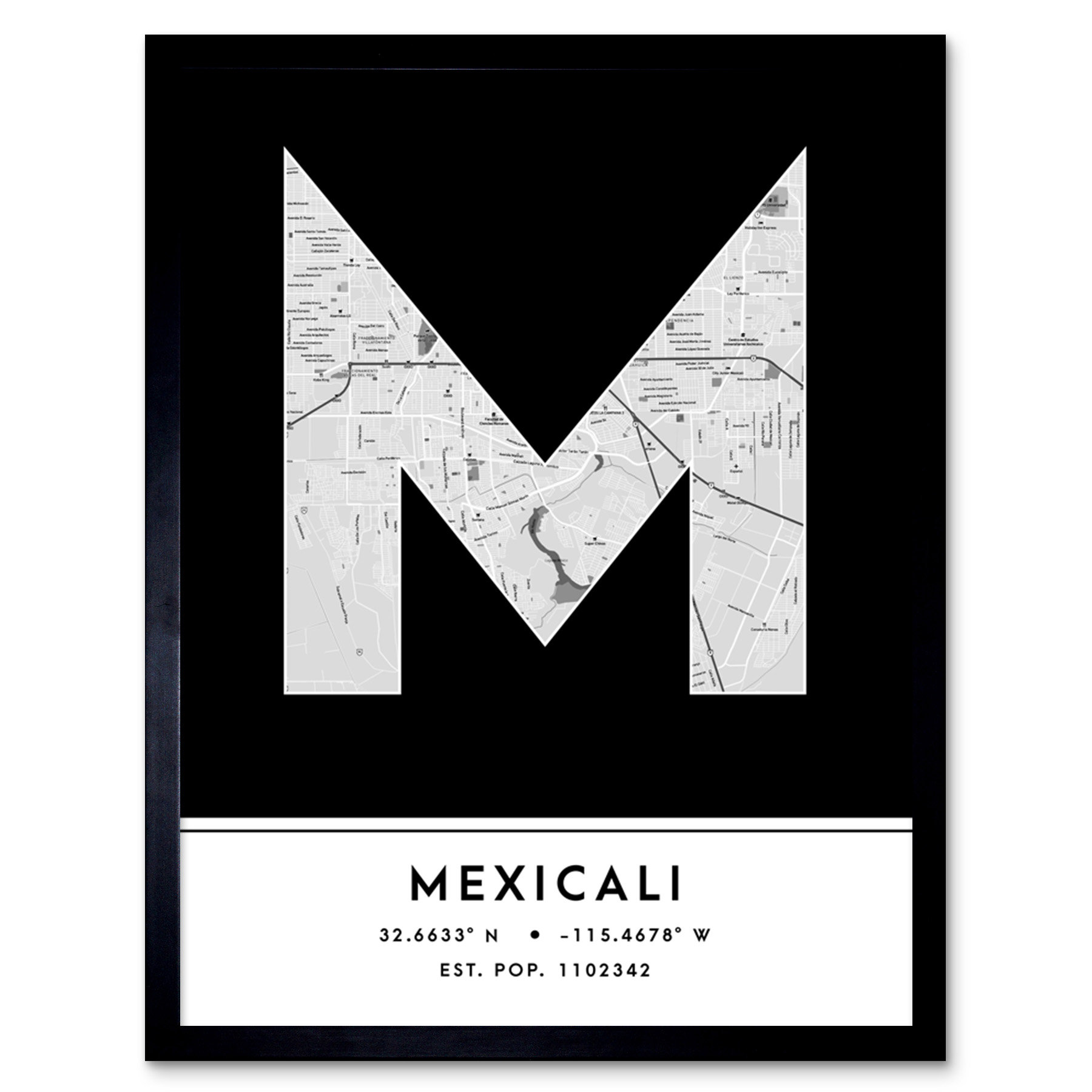 Wee Blue Coo Mexicali City Map Mexicali Black & White by Wee Blue Coo ...