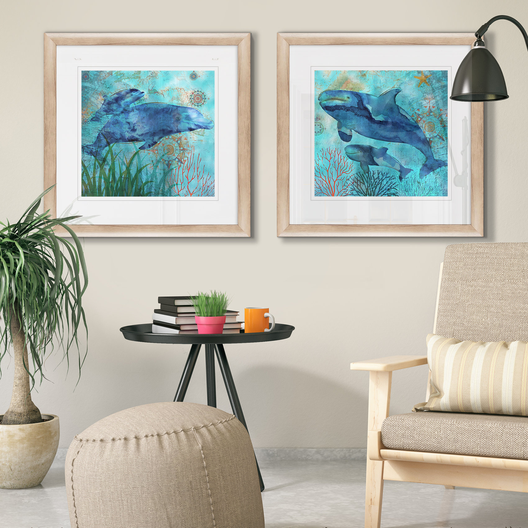 Highland Dunes Deep Sea Dolphins - 2 Piece Picture Frame Print | Wayfair