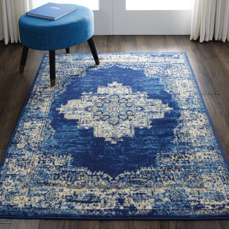 Bungalow Rose Burnie Power Loom Performance Blue/White Rug & Reviews ...