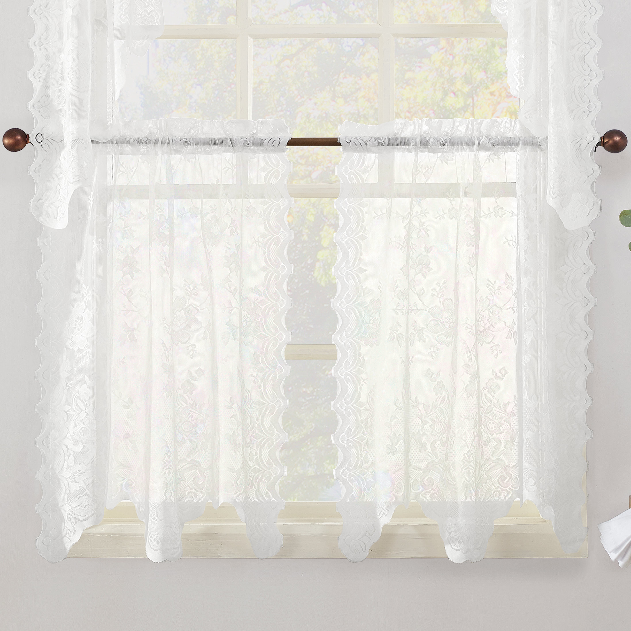 House of Hampton® Alejo Floral Lace Sheer Rod Pocket Kitchen Curtain ...