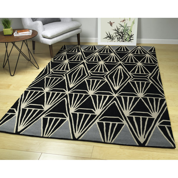 Wrought Studio Ronnie Geometric Handmade Tufted Wool Area Rug in Black ...
