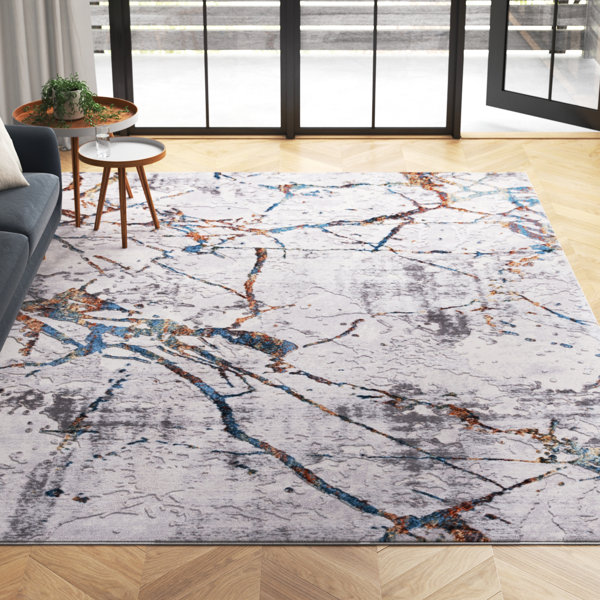 Wade Logan® Alohi Power Loom Gray/Blue/Gold Rug & Reviews | Wayfair