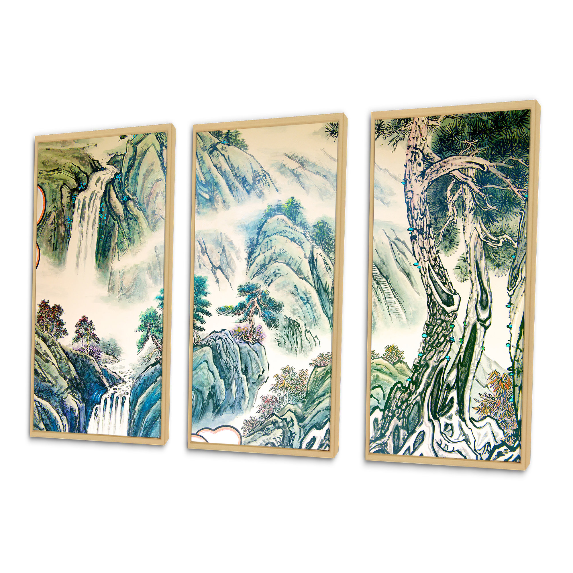 Loon Peak® Blue Chinese Landscape - 3 Piece Floater Frame Painting on ...