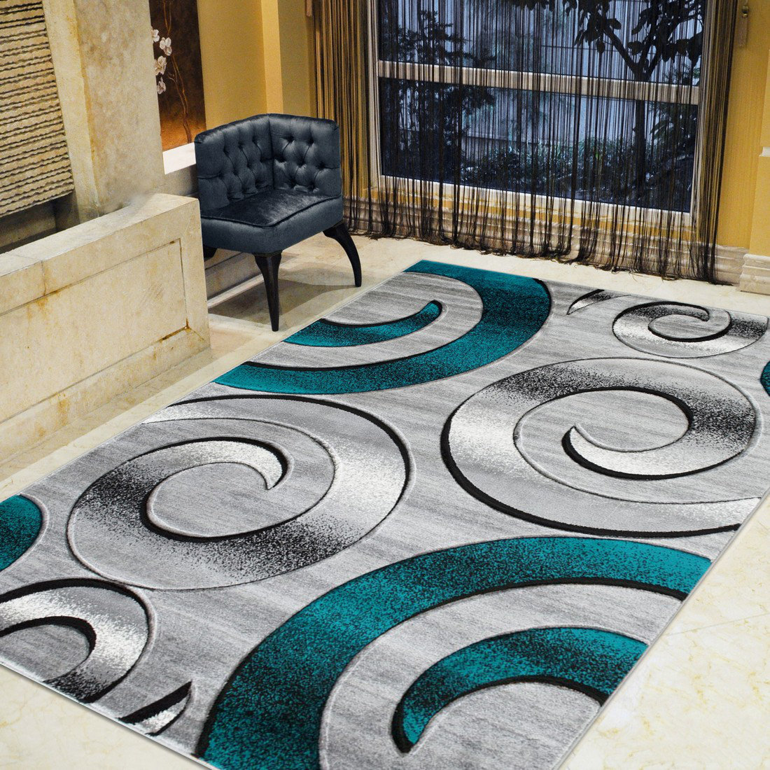 Orren Ellis Aftan Abstract Turquoise/Gray Area Rug | Wayfair
