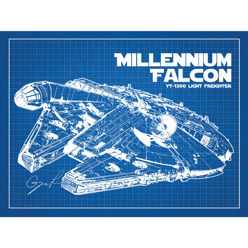 Williston Forge 'Millennium Falcon' Graphic Art in Blue Grid/White Ink ...