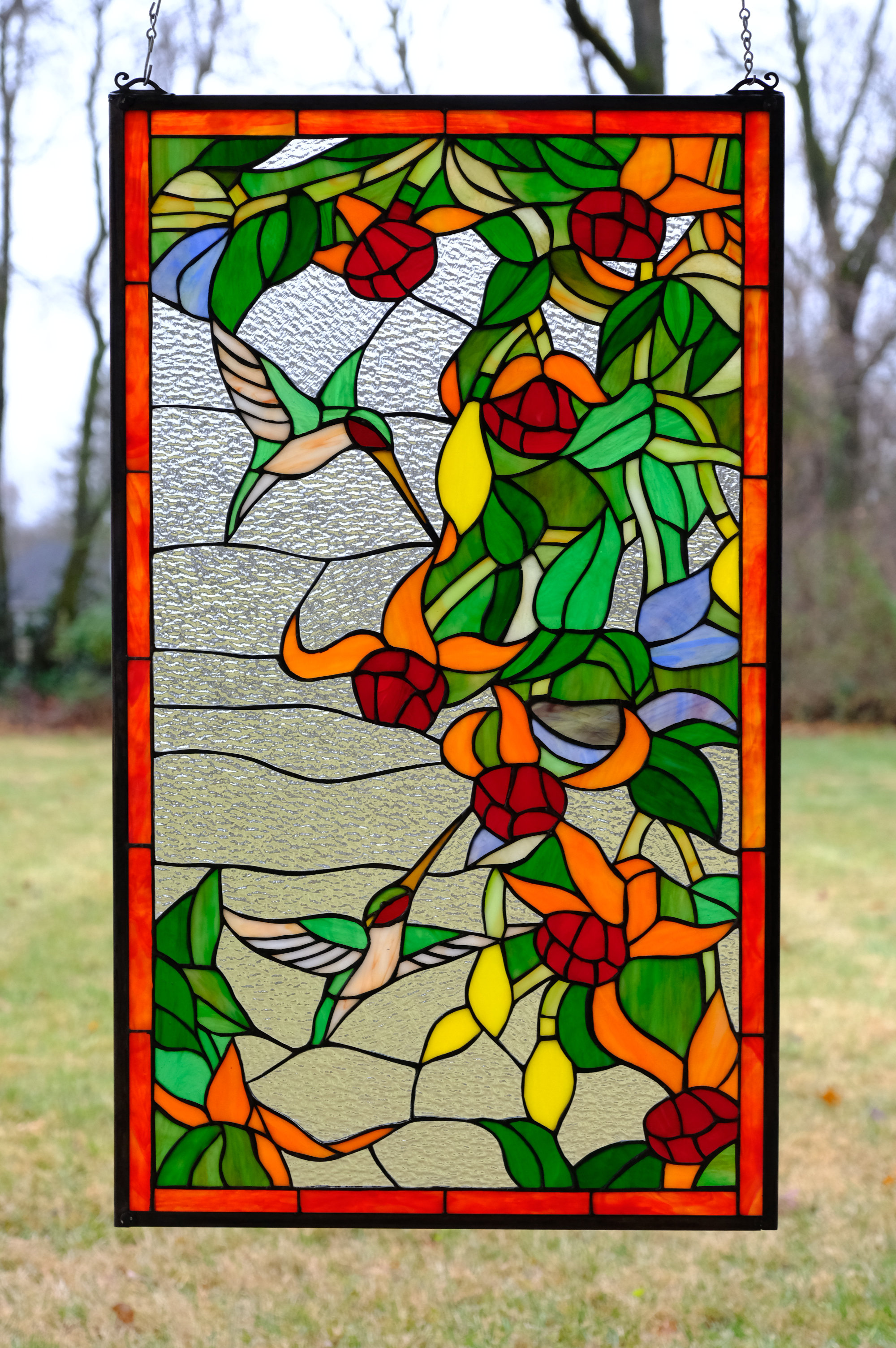 World Menagerie Hummingbirds and Flower Stained Glass Window Panel ...