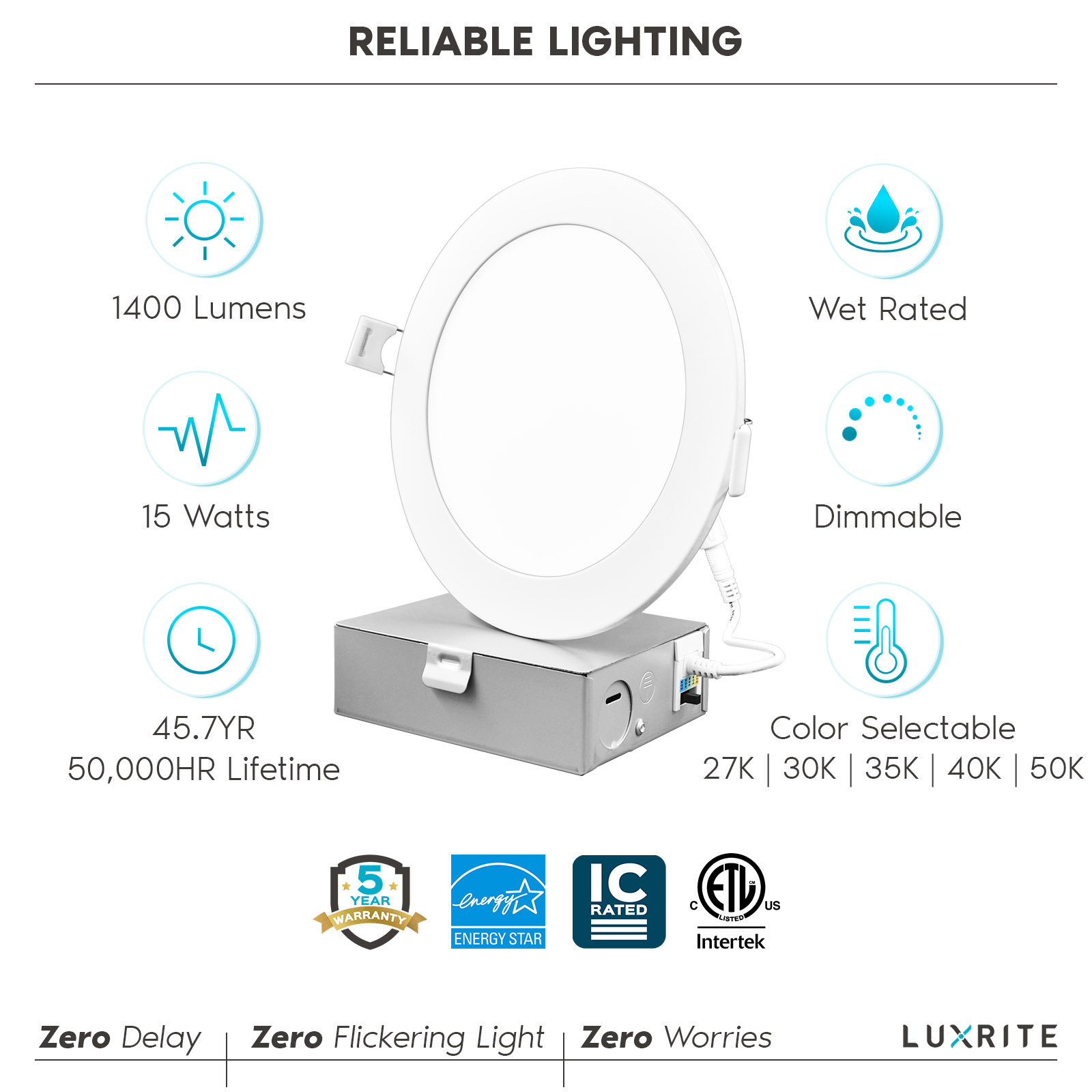 Luxrite 6" Ultra Thin LED Recessed Light With J-Box, 15W, 5 Color ...