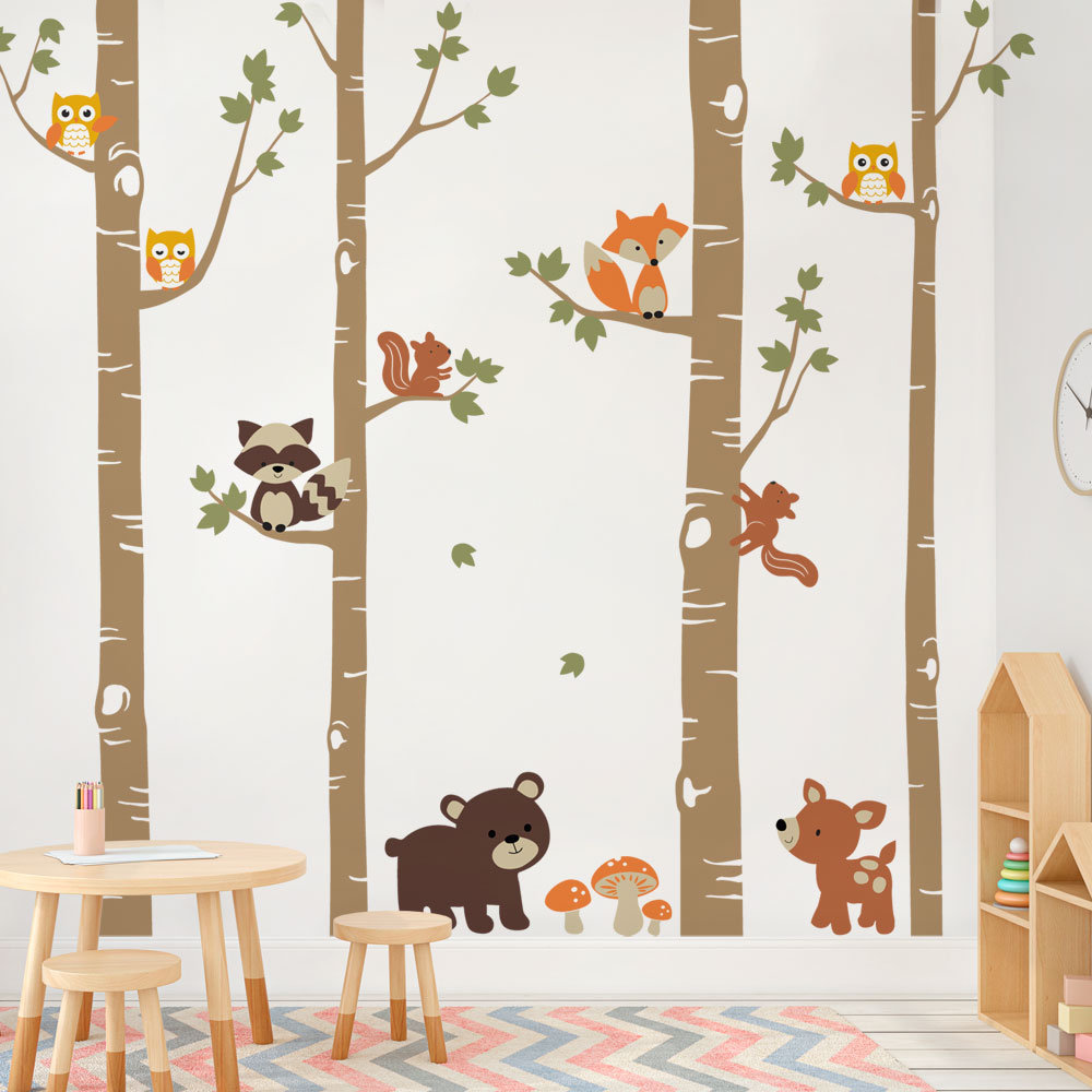Zoomie Kids Birch Trees with Cute Forest Animals Wall Decal & Reviews ...