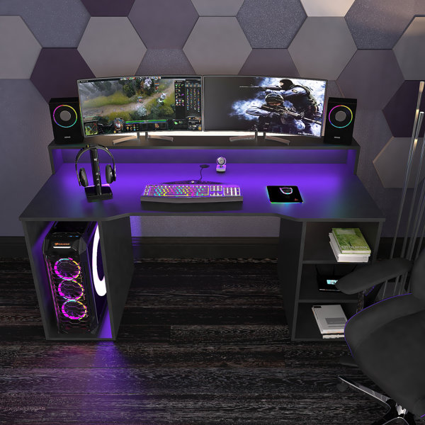 Inbox Zero Palomino Gamer Reversible Gaming Desk with Built in Outlets ...