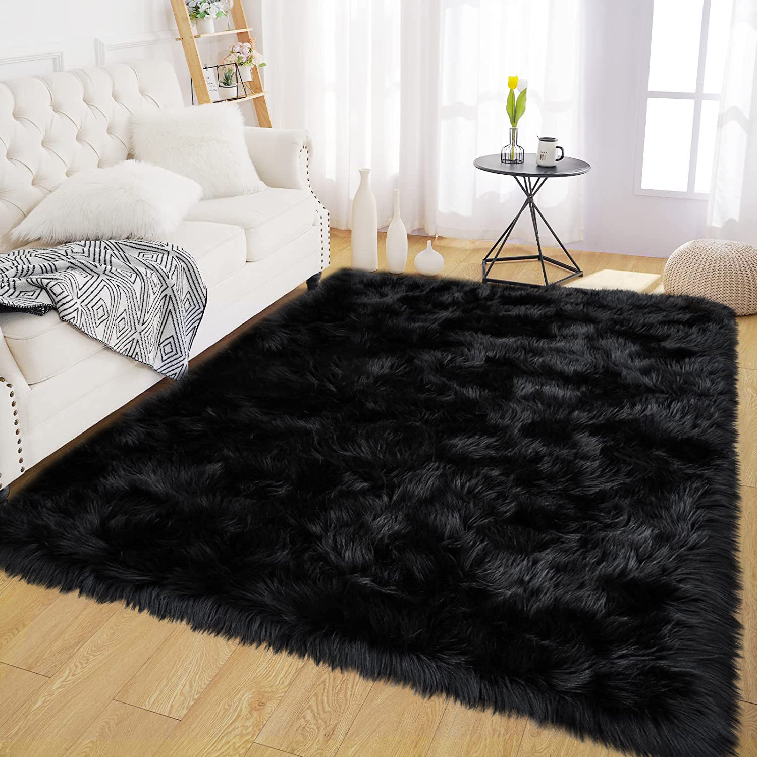 Everly Quinn Leski Handmade Shag Faux Sheepskin Black Area Rug ...