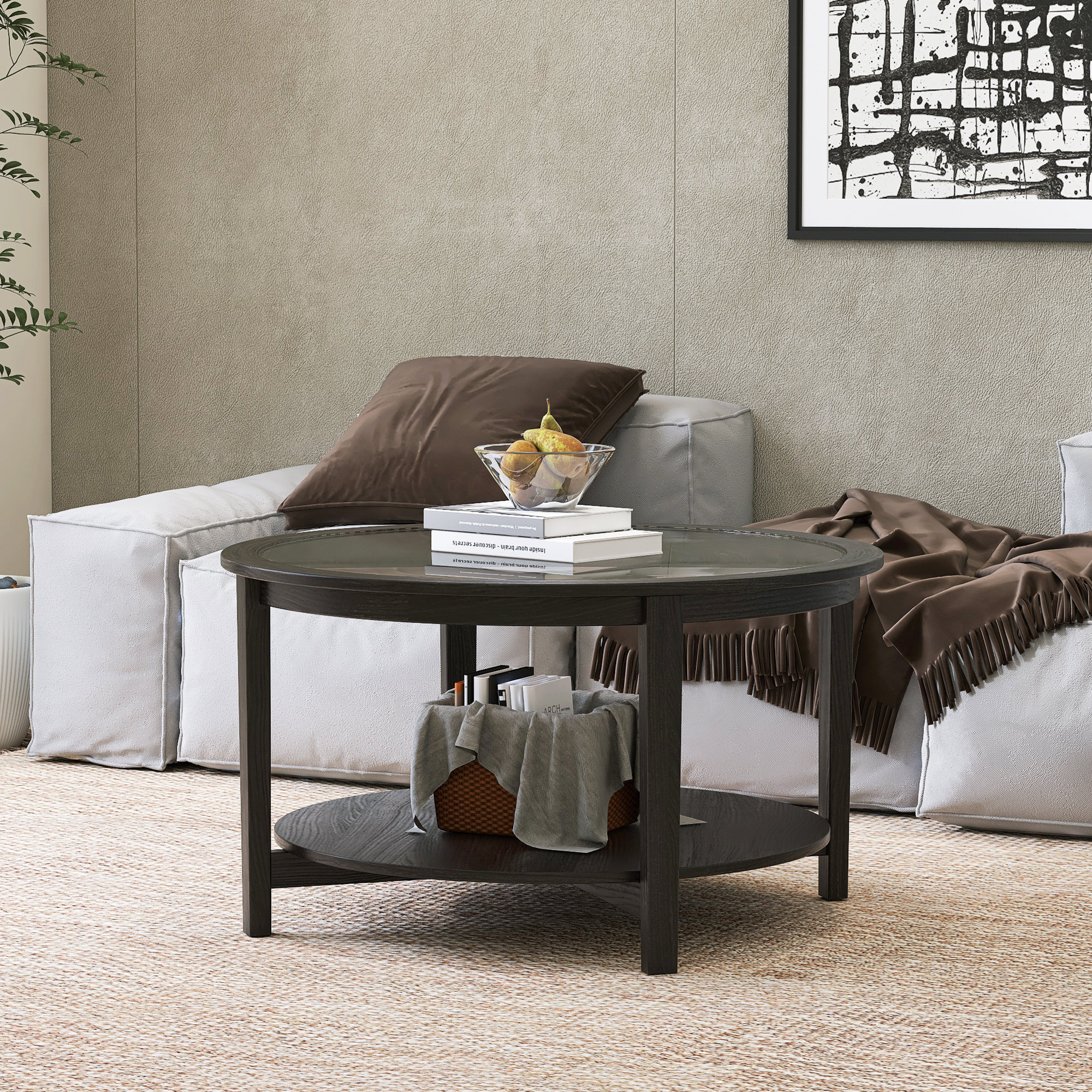 wofu Double-layer Solid Wood Round Coffee Table with Tempered Glass Top ...