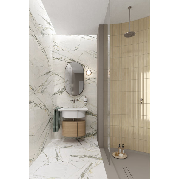 Mirrella Calacatta Bamboo 24" x 48" Beveled Porcelain Marble Look Wall ...