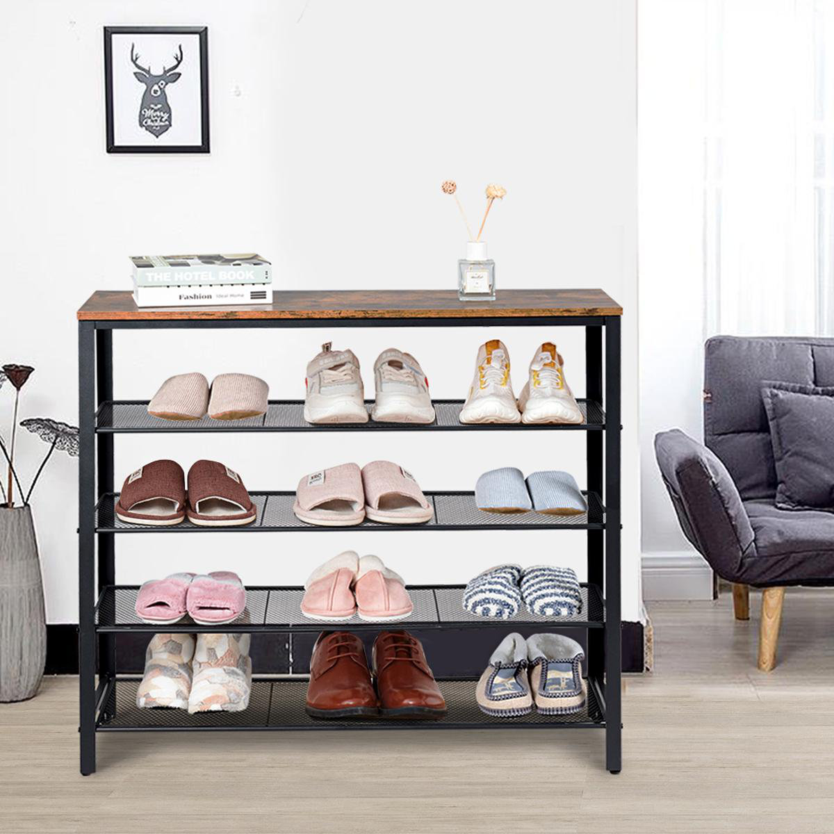 17 Stories 12 Pairs Rustic Brown Shoe Rack | Wayfair