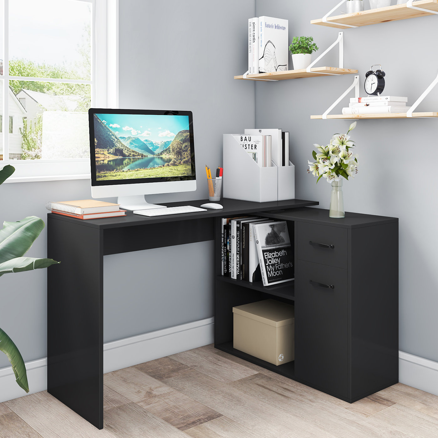 Ebern Designs L-Shaped Corner Computer Desk, Rotating Study Table Desk ...