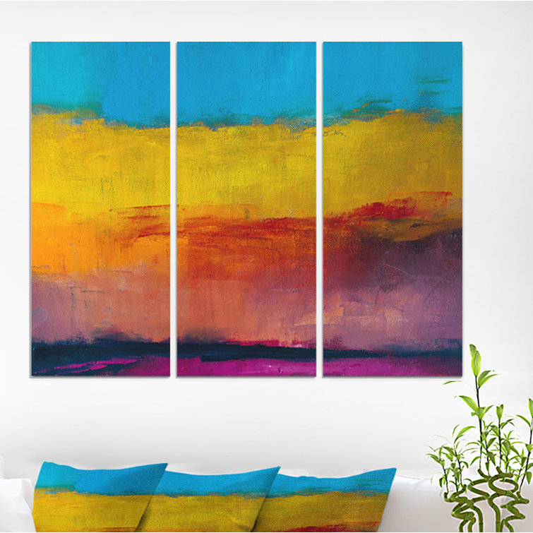 East Urban Home Yellow Blue Orange In Abstract - 3 Piece Wrapped Canvas ...