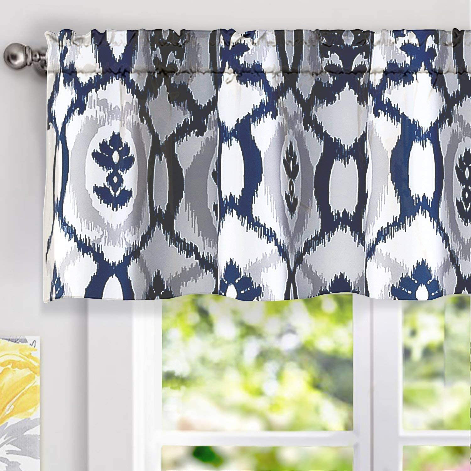Bungalow Rose Katife Ikat Tailored 52'' Window Valance in Blue/White ...