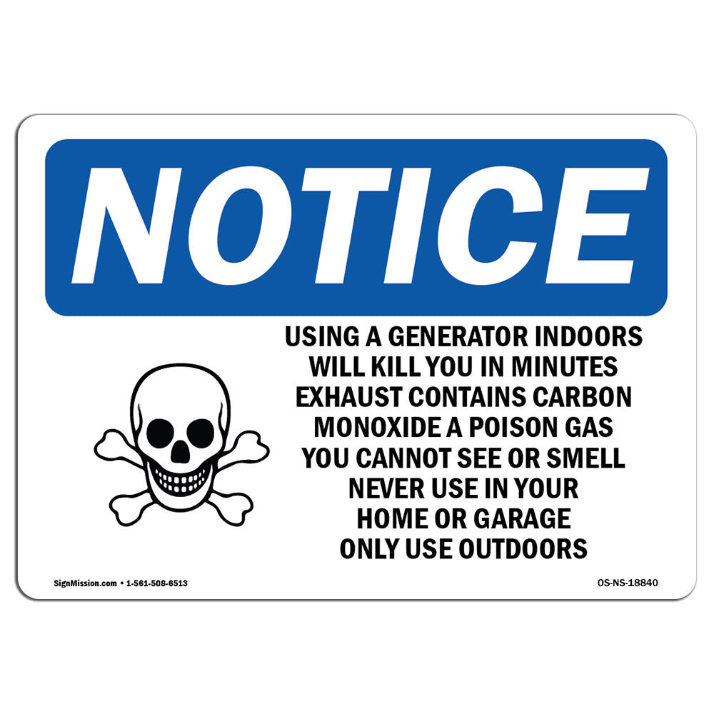 SignMission Osha Notice Using A Generator Indoors Will Sign with Symbol ...