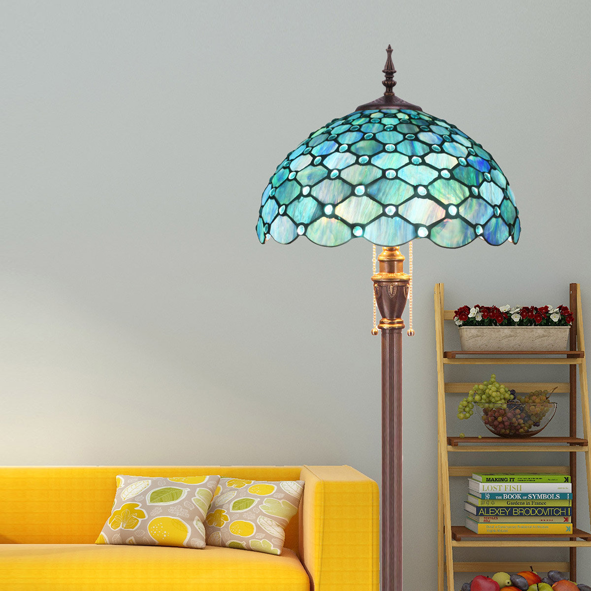 Canora Grey Tiffany Style Reading Floor Lamp Sea Blue Stained Victorian ...