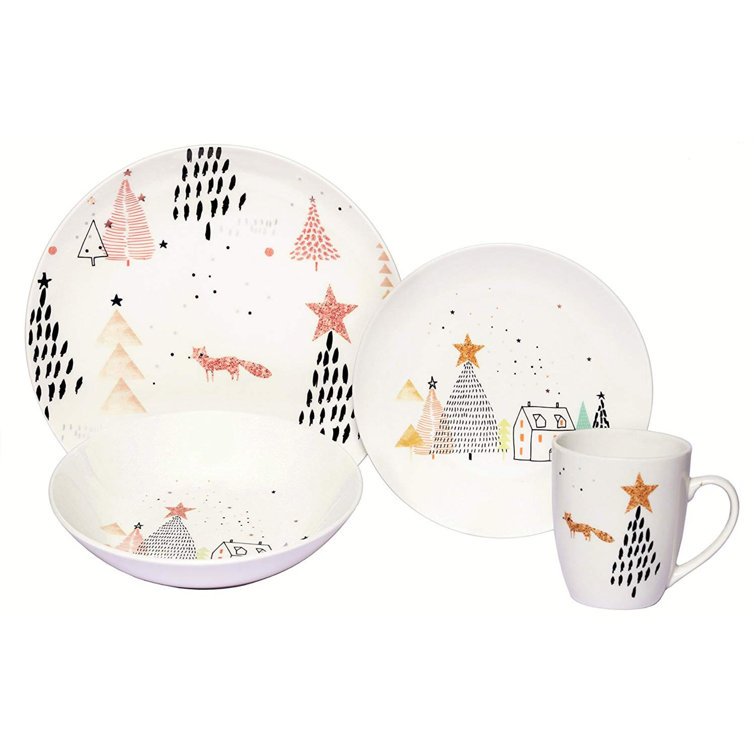Melange Winter Fox Porcelain Coupe 16 Piece Dinnerware Set, Service for ...